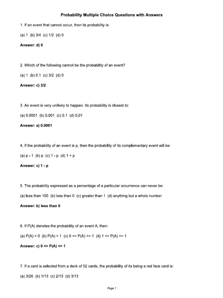 Probability MCQ Questions Answers | PDF