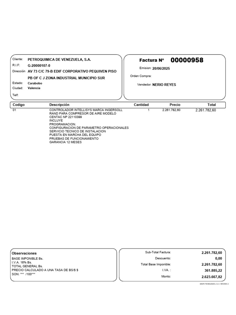 RIF de Pequivén: Factura 00000958 | PDF