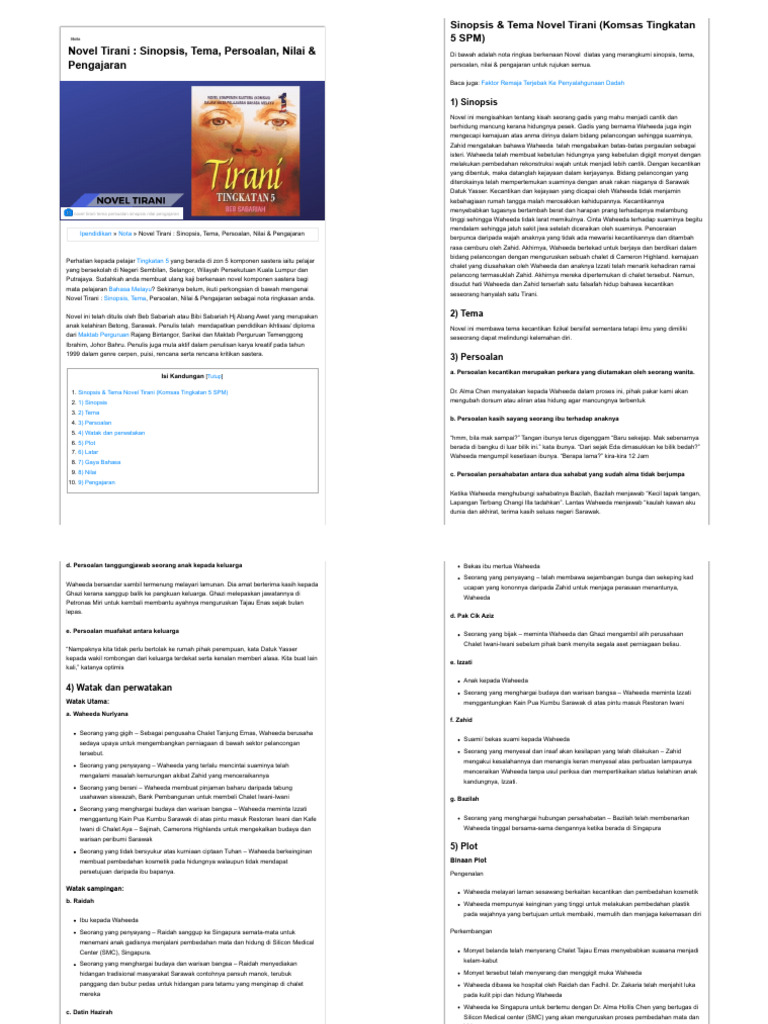 Novel Tirani - Sinopsis, Tema Dan Persoalan (Tingkatan 5) | PDF