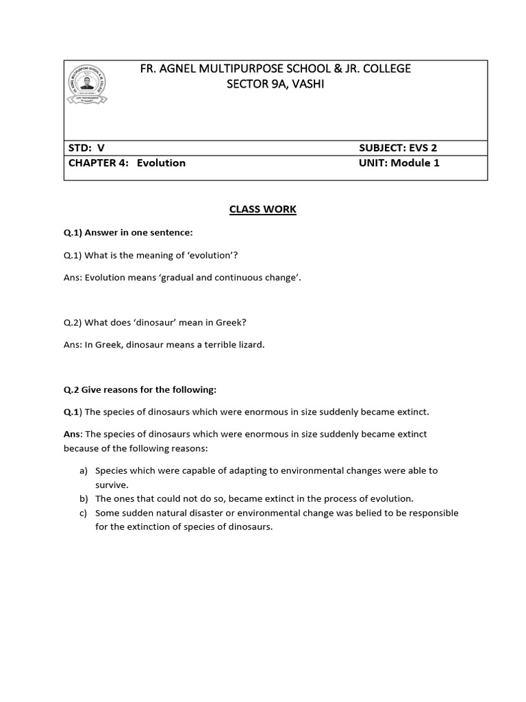 CW-HW - Chapter 4 - Evolution - Module 1 - EVS 2 - STD V - 15-09-21 To 17-09-21 | PDF