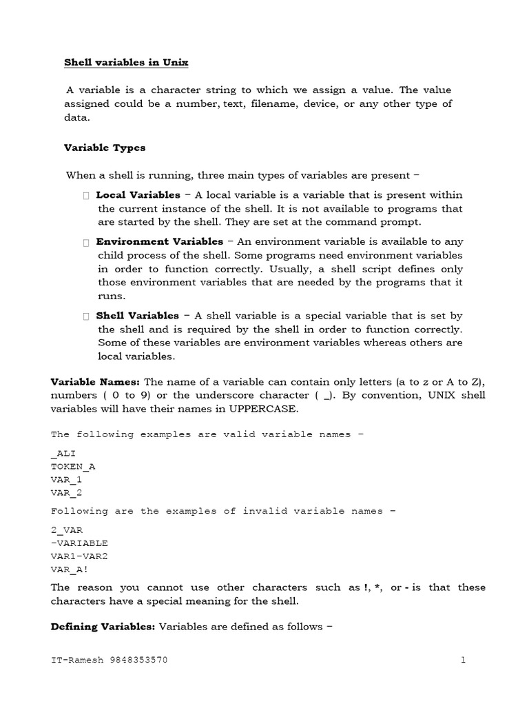 UNIX-UNIT-III-TOPIC-6-SHELL Variables | PDF | Variable (Computer Science) | Operating System ...