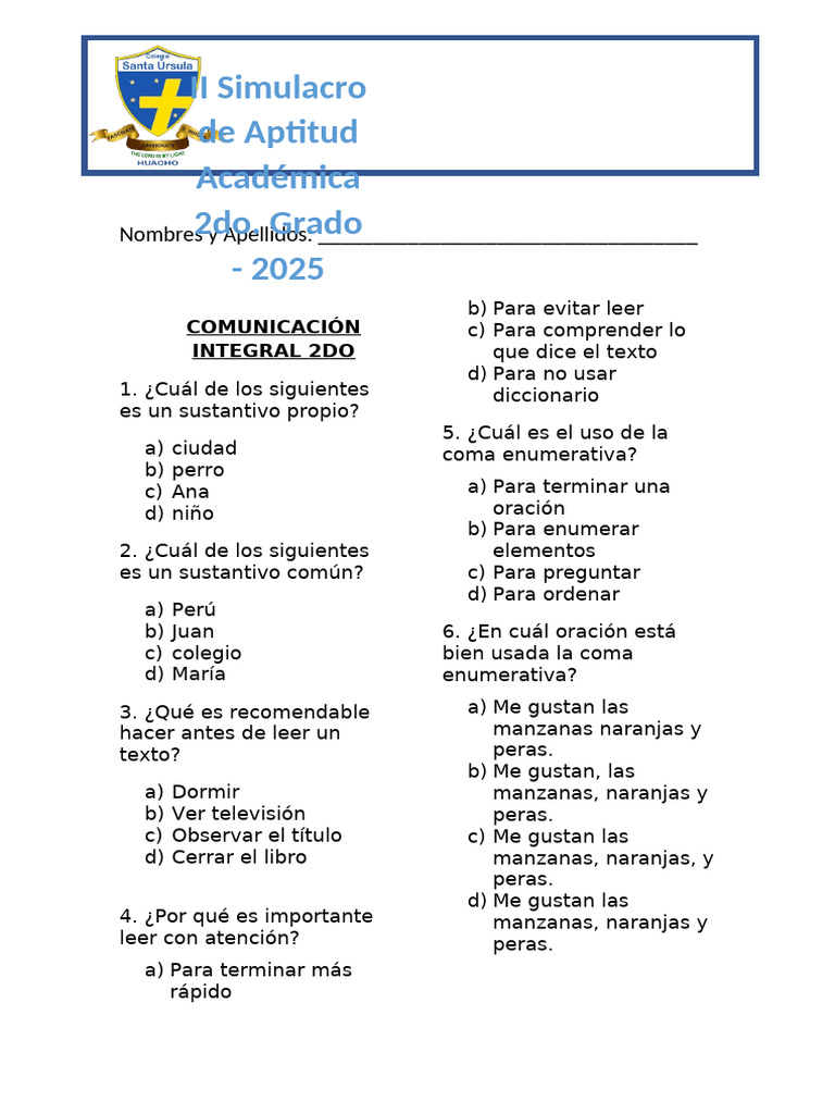 II Simulacro de Aptitud Académica 2do Grado 2025 | PDF | Perú | Rojo