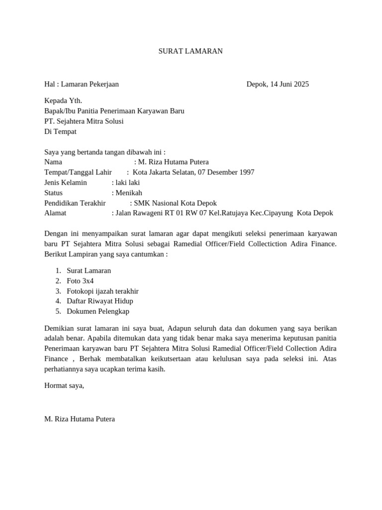 Surat Lamaran Adira Finance | PDF