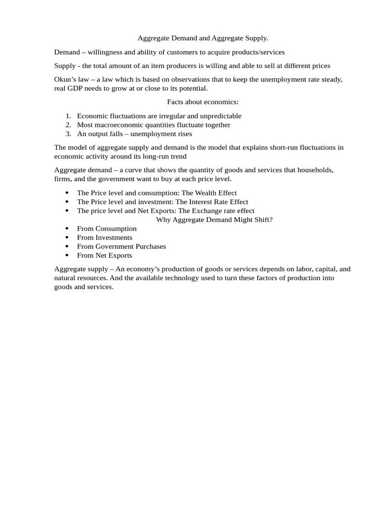Notes For Aggregate Demand and Aggregate Supply | PDF