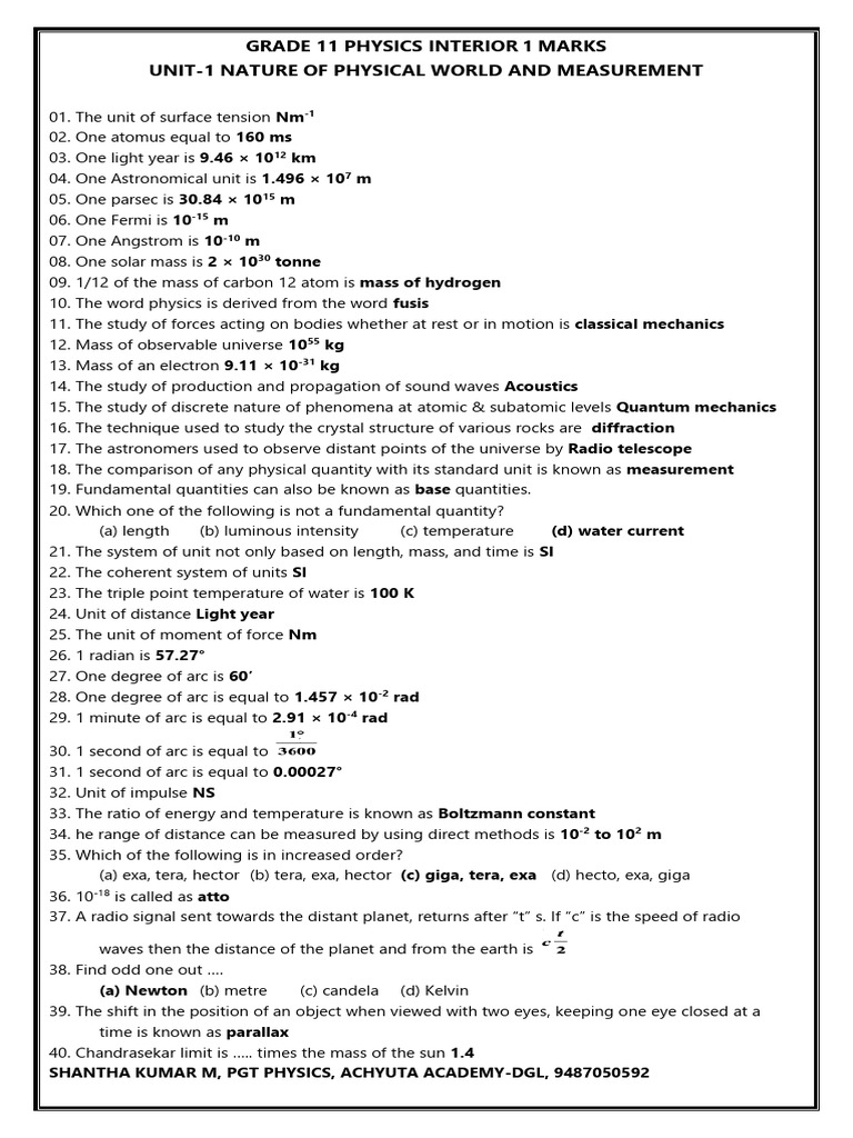 Class 11 Phy Interior One Marks With Solutions | PDF | Collision | Force