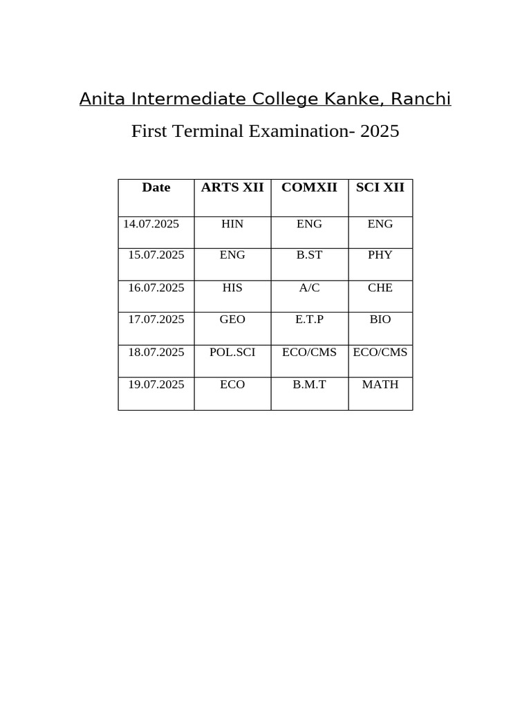 Exam Time Table 2024 | PDF