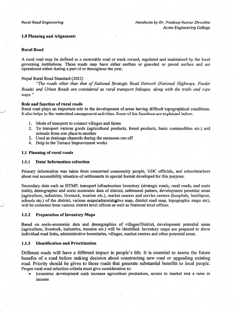 Rural Road Engineering (Handouts) | PDF