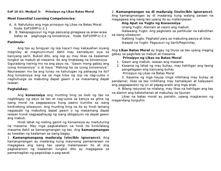 EsP 10 Q1 Modyul 3 Outline | PDF