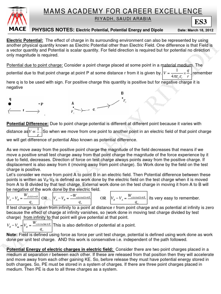 Electric Potential, Potential Energy, Dipole Notes 3 | PDF | Potential ...