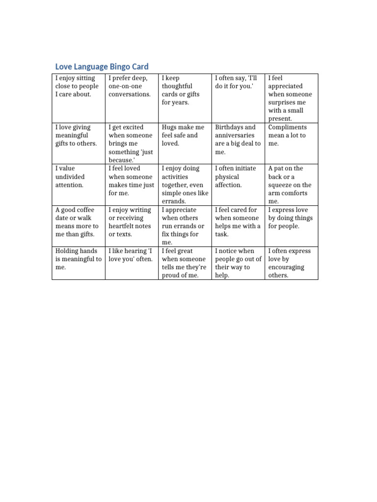 Love Language Bingo Card | PDF