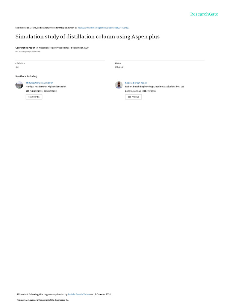 Simulation Study of Distillation Column Using Aspen Plus - Indiran - 2020 | PDF