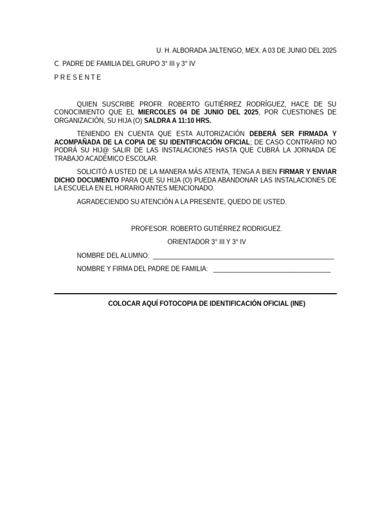 Permiso de Salida Temprano Del Grupo 33 34 Epo72 03 Junio 2025 | PDF