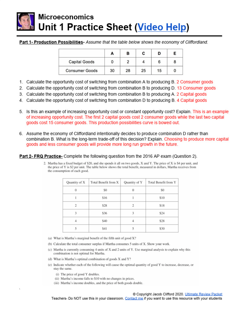 Unit 1 Practice Sheet Answers | PDF | Opportunity Cost | Microeconomics
