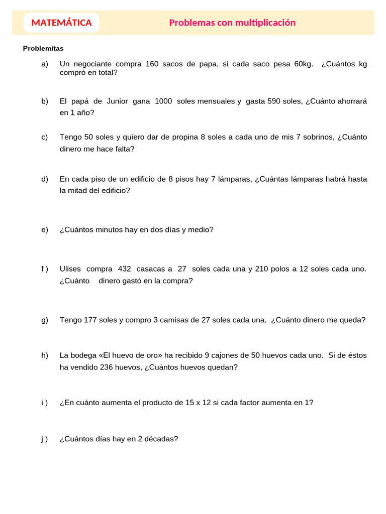D5 A1 FICHA MAT. Problemas Con Multiplicación | PDF