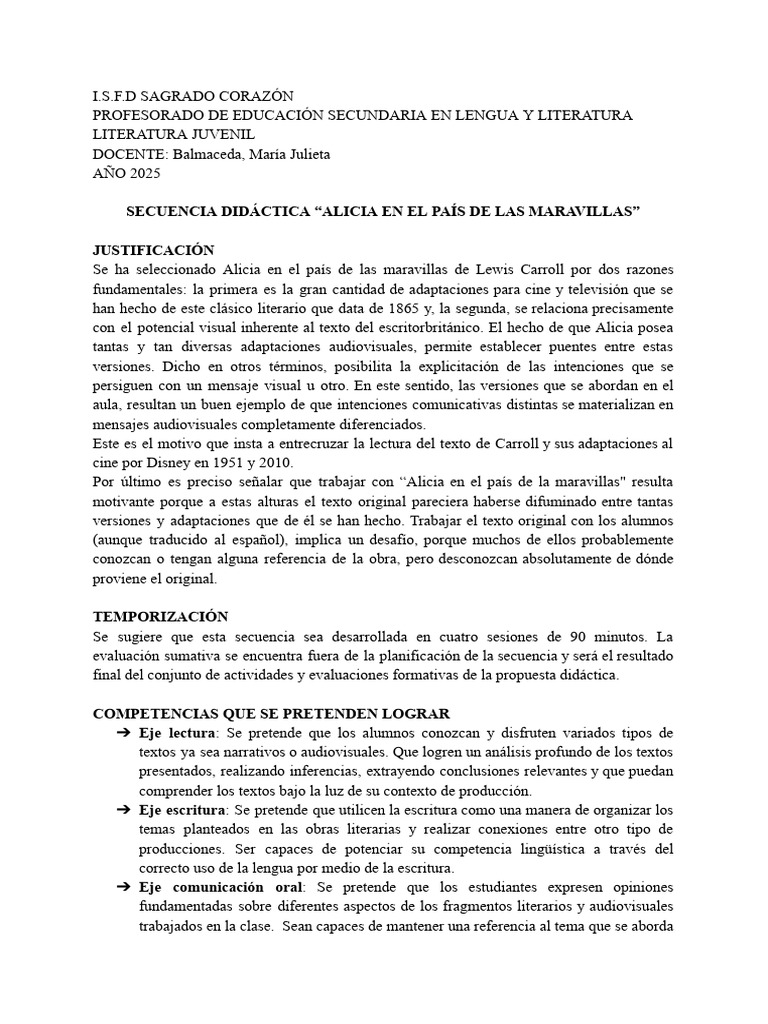 Secuencia Didáctica: Alicia en el País de las Maravillas | PDF ...