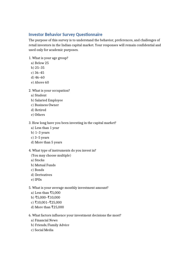 Investor Behavior Questionnaire | PDF