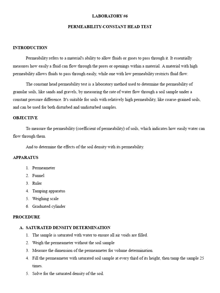 Lab 6 - Permeability (Constant Head Test) | PDF | Density | Applied And ...