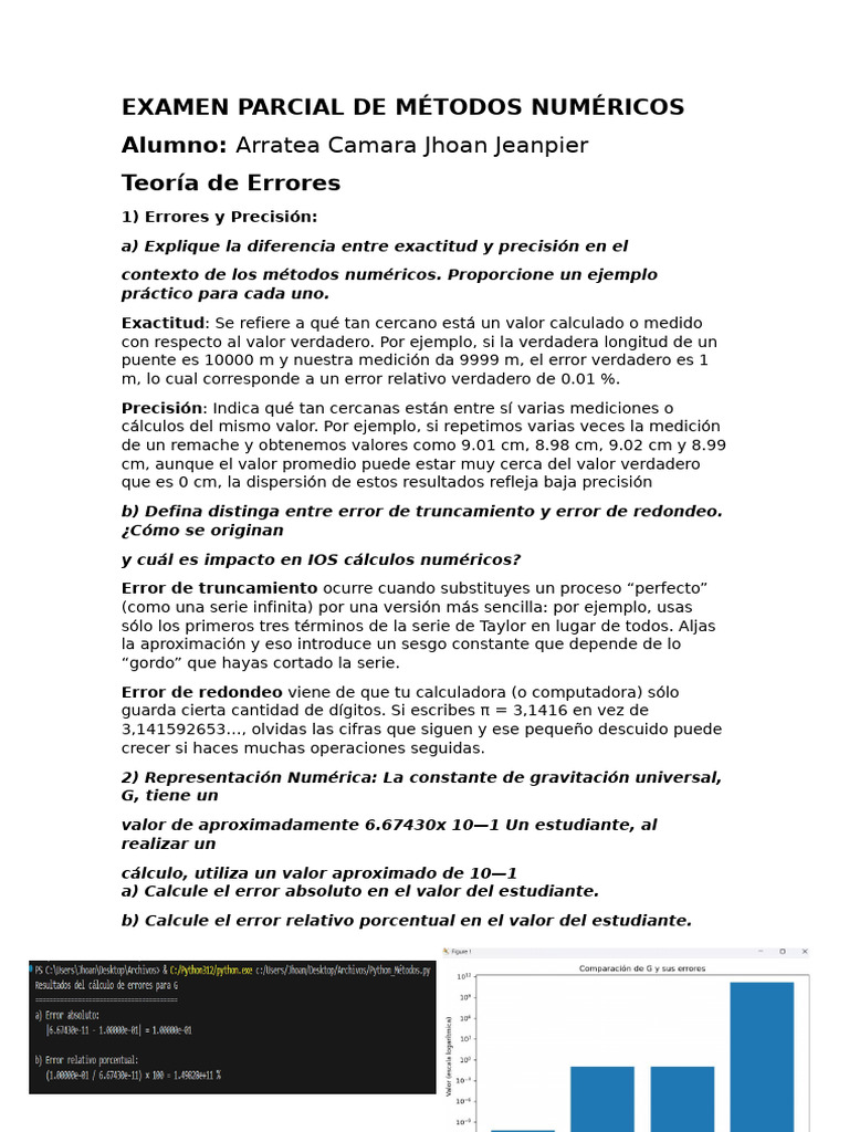 Examen Parcial de Métodos Numéricos | PDF | Exactitud y precisión | Análisis numérico