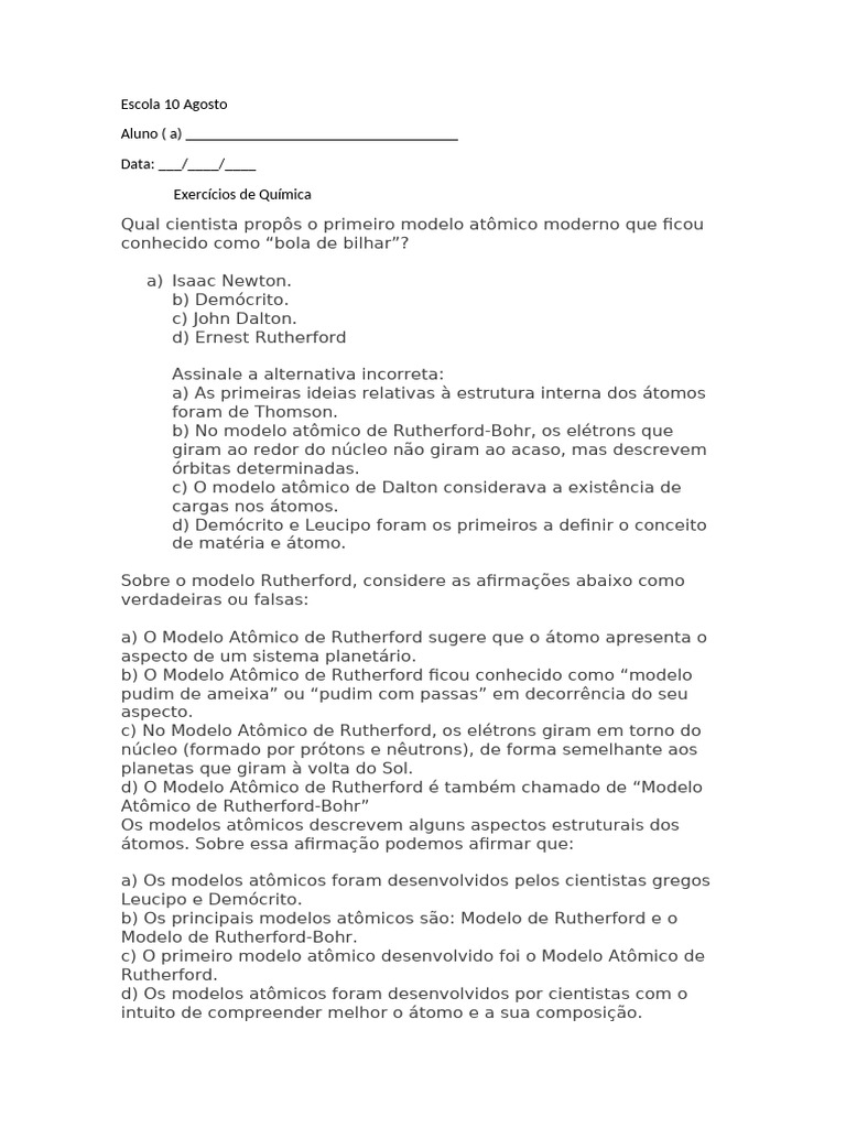 Atividades de Quimica 1 Ano | PDF