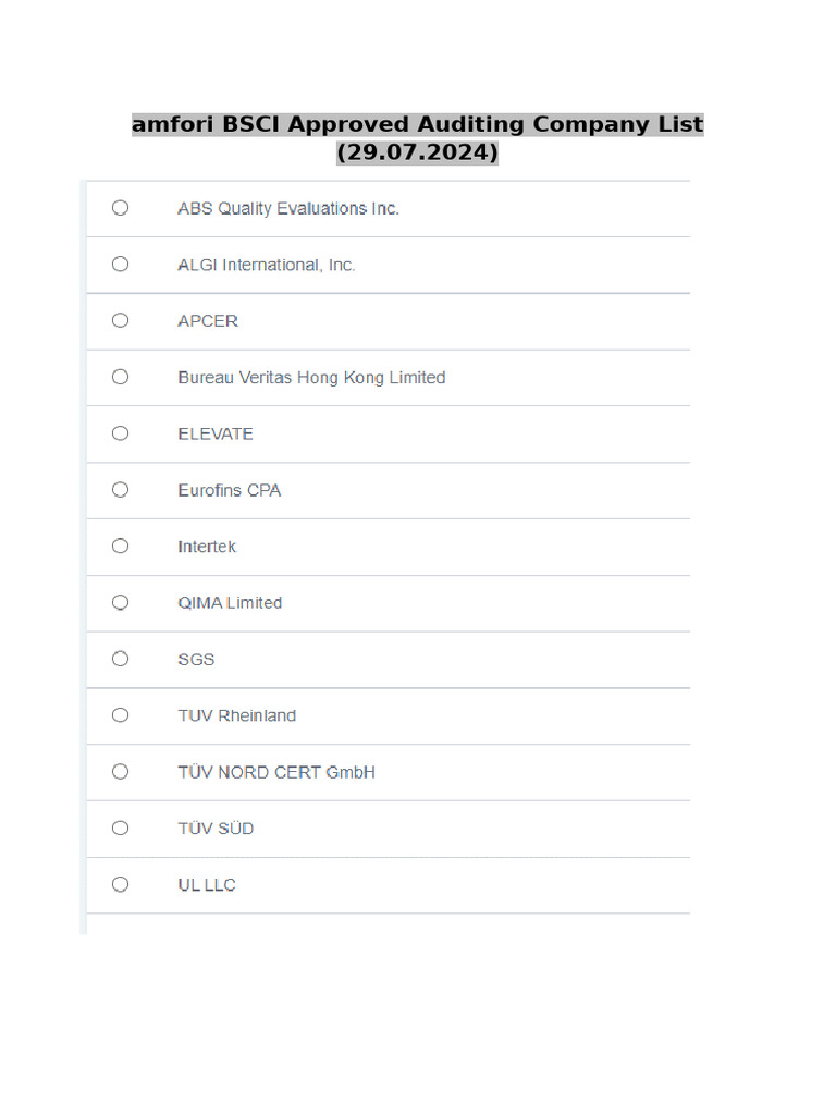 Amfori BSCI Approved Auditing Company List | PDF