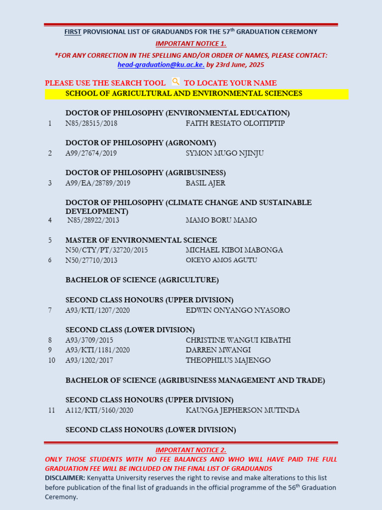 First Provisional List of Graduands For The 57th Graduation Ceremony 25 | PDF | Academic Degree ...