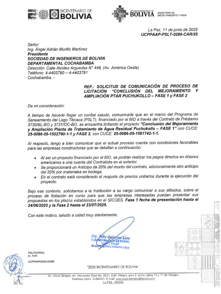 Nota Sib Cochabamba, Cite Ucppaap PSLT 0266 Car 25 | PDF