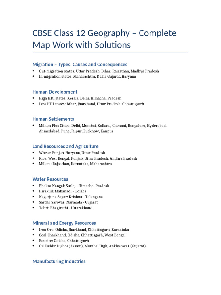CBSE Class 12 Geography Map Work Solutions | PDF