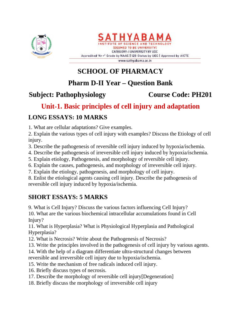PH201 Pathophysiology Ques Bank | PDF | Immune System | Inflammation