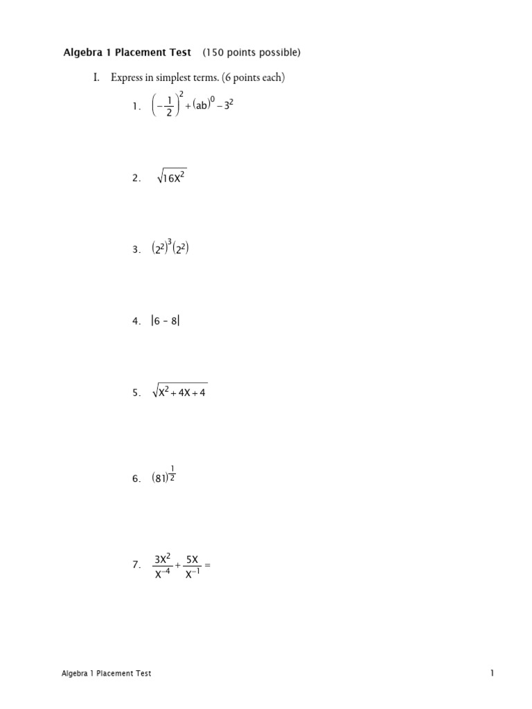 Placement Test Algebra1 | PDF
