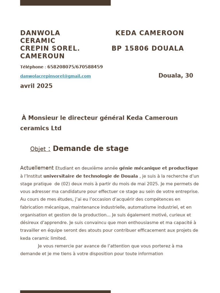 Demande de stage chez Keda Cameroon | PDF