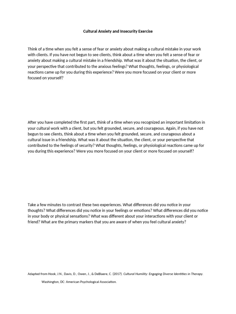 Cultural Anxiety and Insecurity Exercise | PDF