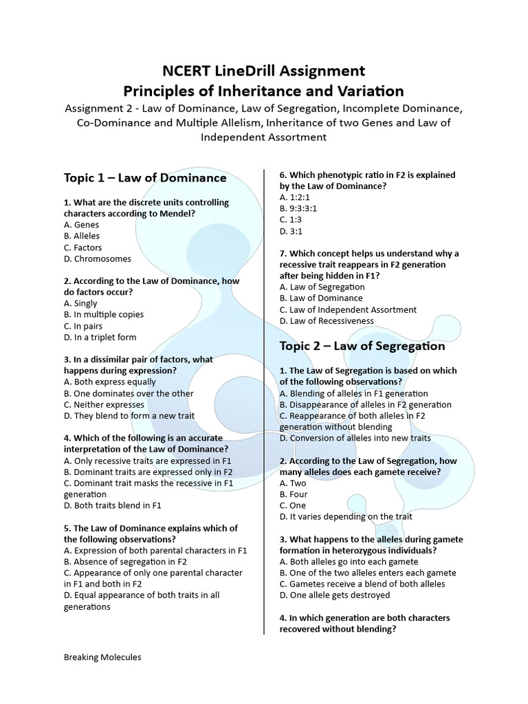 NCERT LineDrill Assignment 2 Principles of Inheritance and Variation | PDF | Dominance (Genetics ...