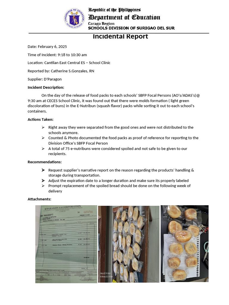 Food Safety Incident Report: E-Nutribun Spoilage | PDF
