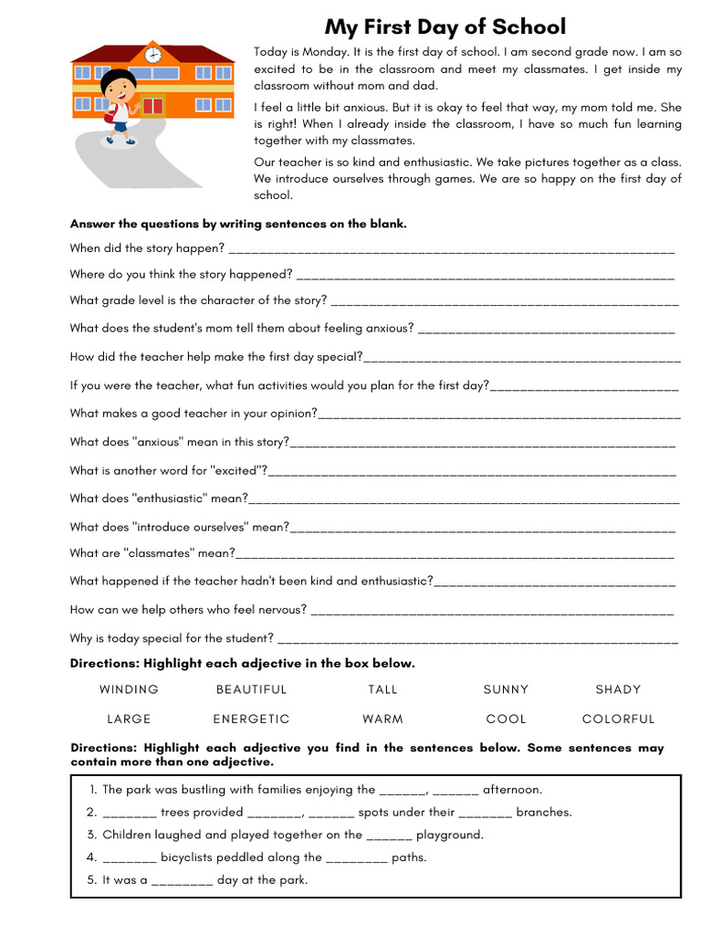 Grey Simple Story Reading Comprehension First Day of School Worksheet | PDF