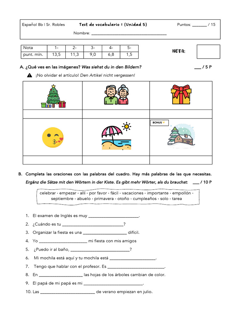 Test de vocabulario Unidad 5 Español 8b | PDF