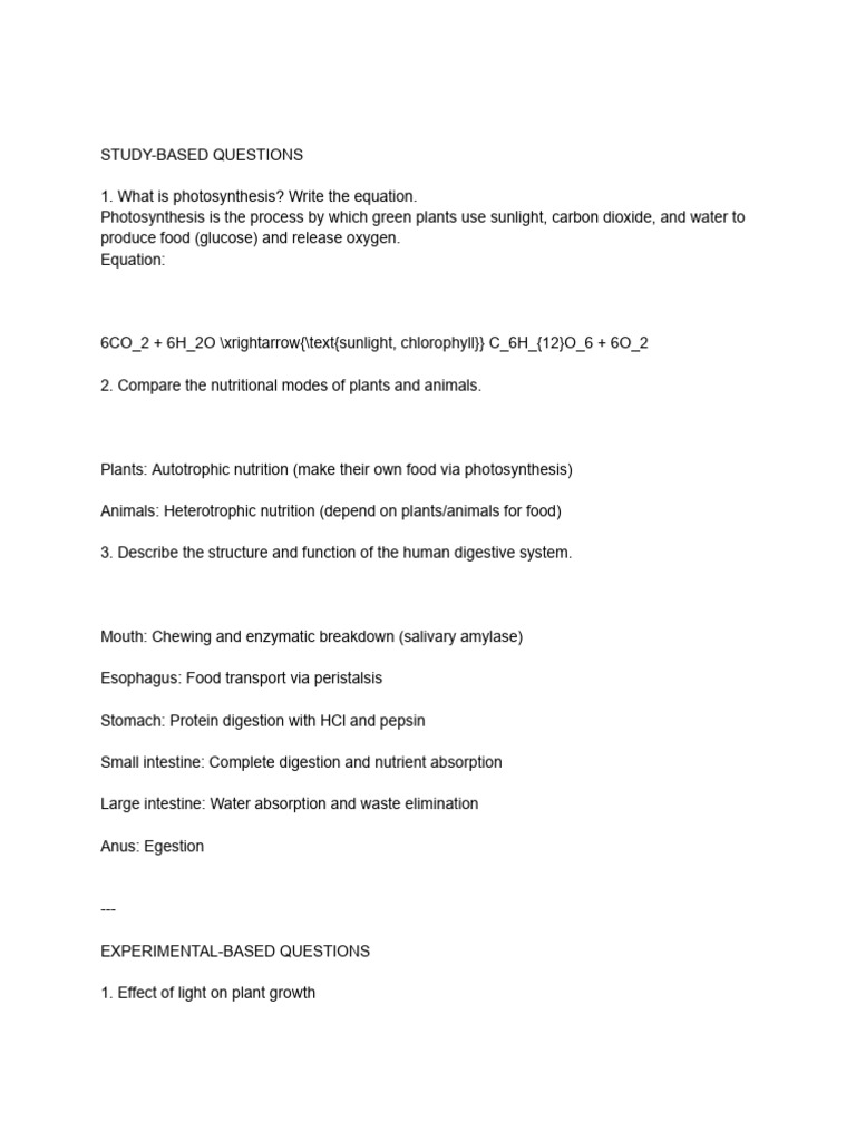 Biology Holiday Homework Questions | PDF | Digestion | Plants