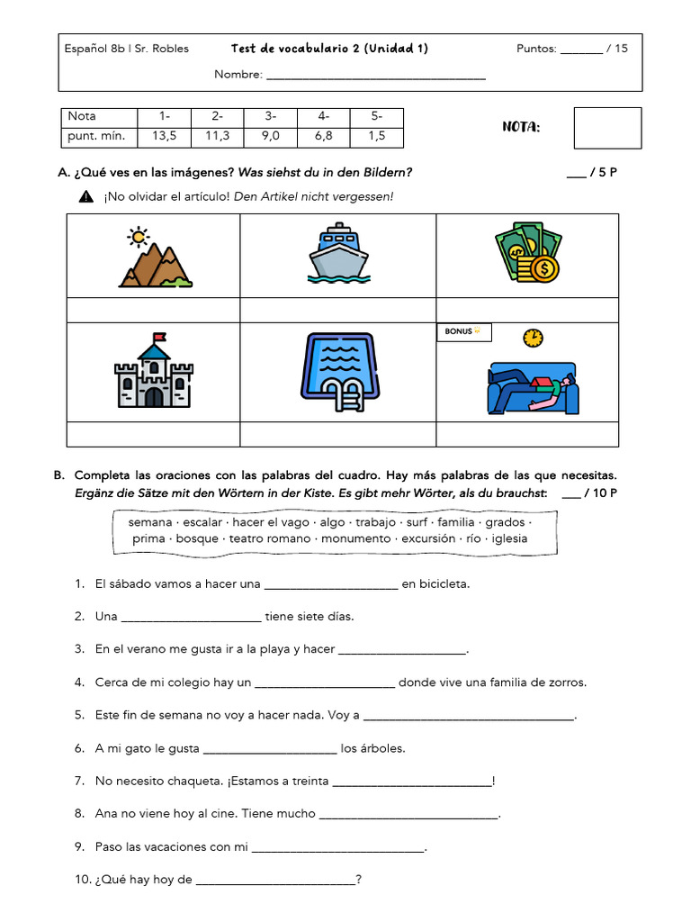 Test de Vocabulario 2 - 8b - Robles | PDF