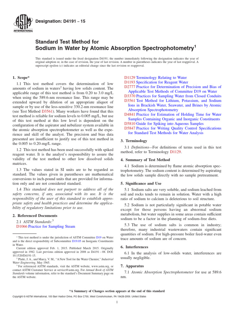 Sodium in Water by Atomic Absorption Spectrophotometry: Standard Test ...