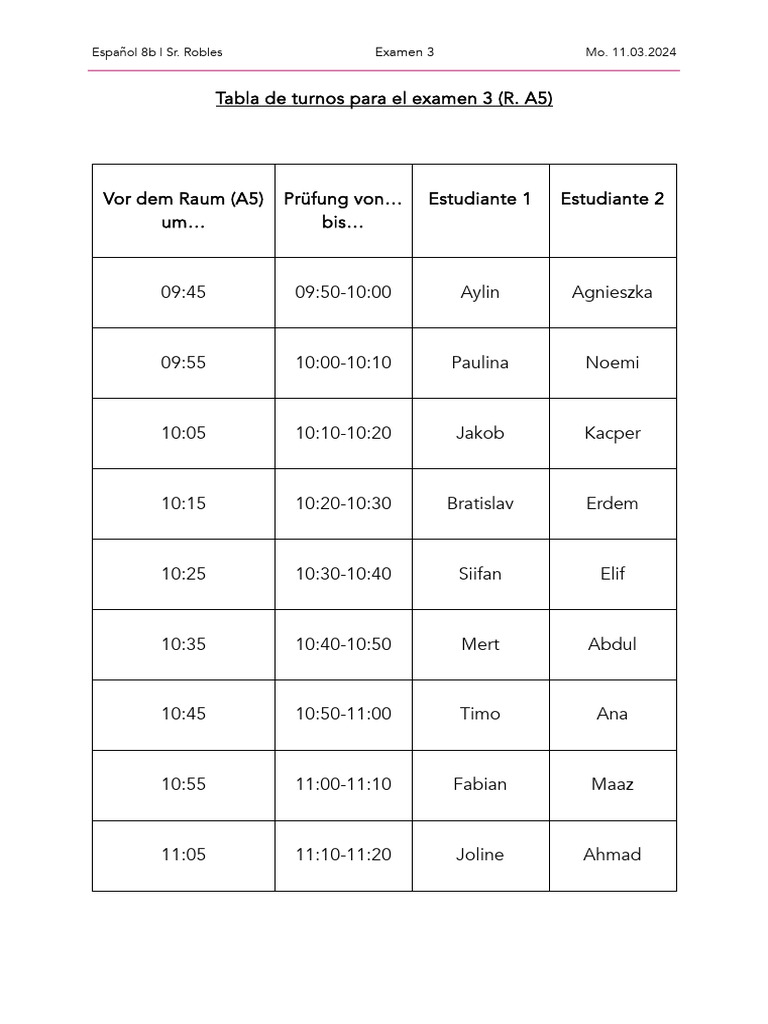Tabla de Turnos para El Examen 3 - 8b - Sr. Robles (Fr. 15.03.24) | PDF