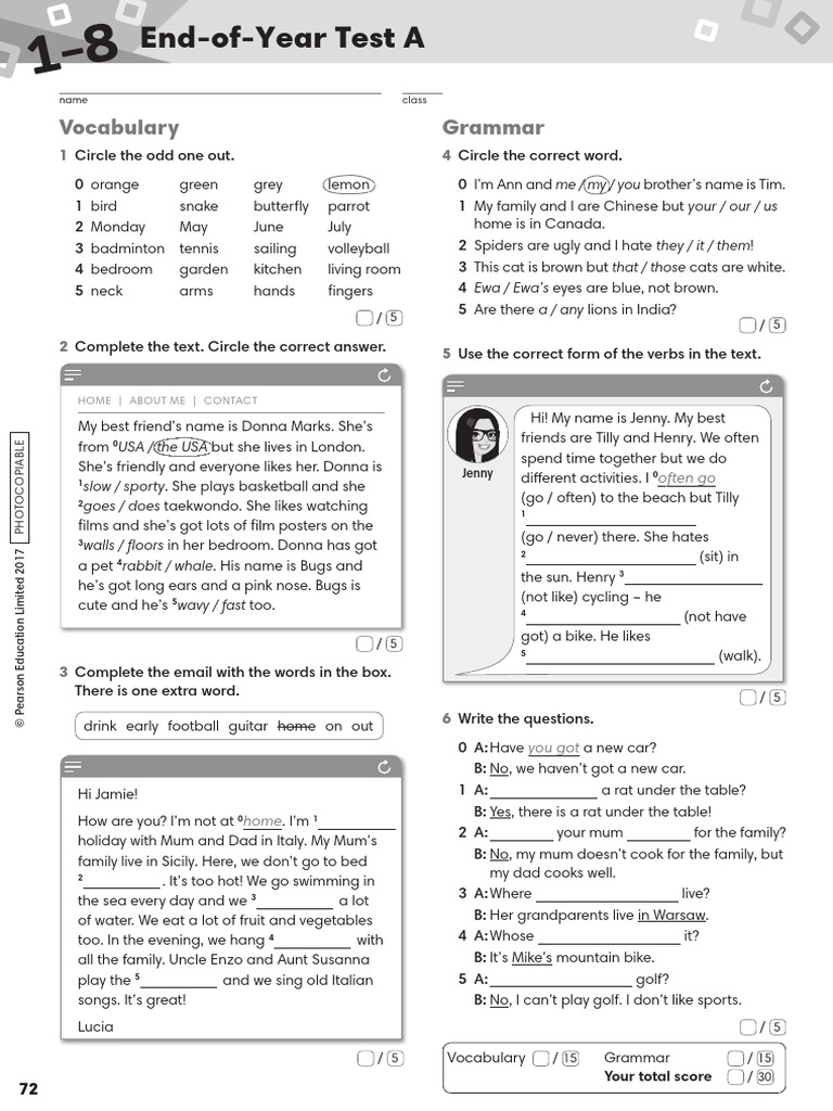 End-of-Year Vocabulary and Grammar Test | PDF