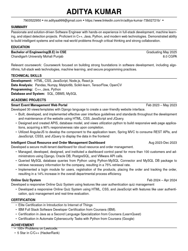 Aditya's Resume 2.O | PDF | Databases | My Sql