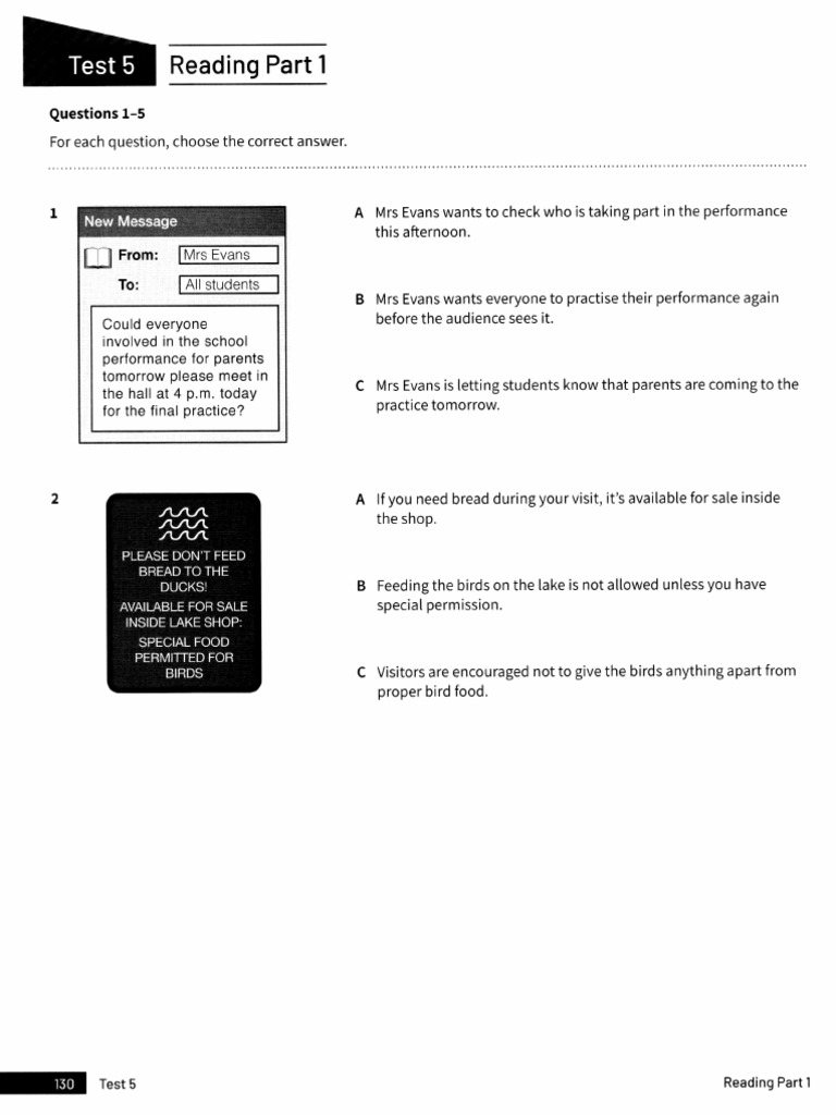 Reading - Cambridge PET Trainer - Test 5 | PDF