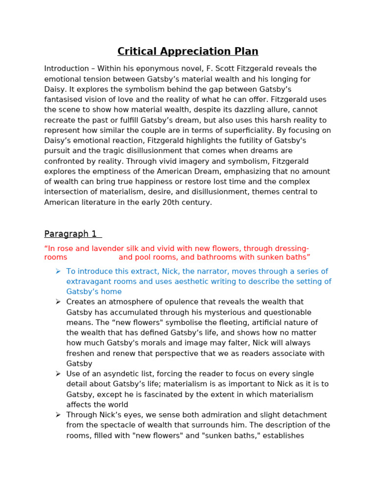 The Great Gatsby - Critical Appreciation Plan | PDF | The Great Gatsby
