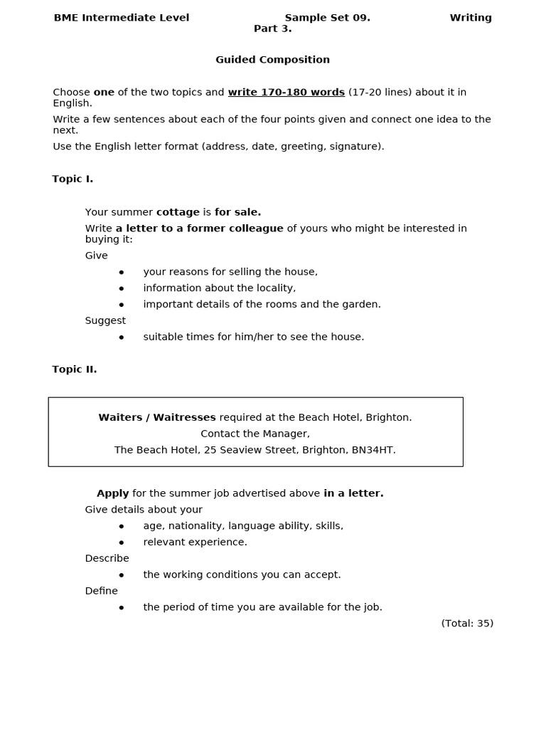 09 BME Intermediate Level - Writing Part 3. - Your Summer Cottage Is ...