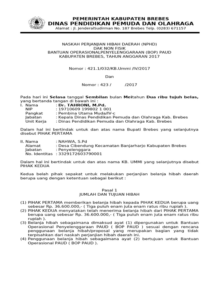 NPHD Dan SPTJM Bop Paud 2017 | PDF