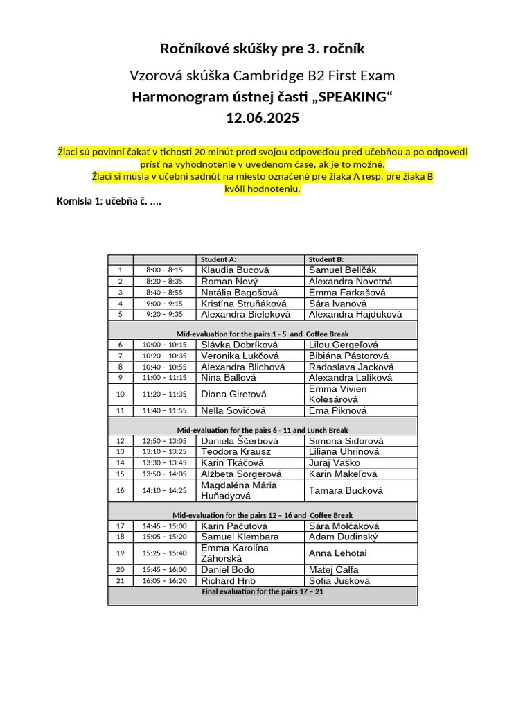 Harmonogram - 3.roä . - Speaking 2 | PDF