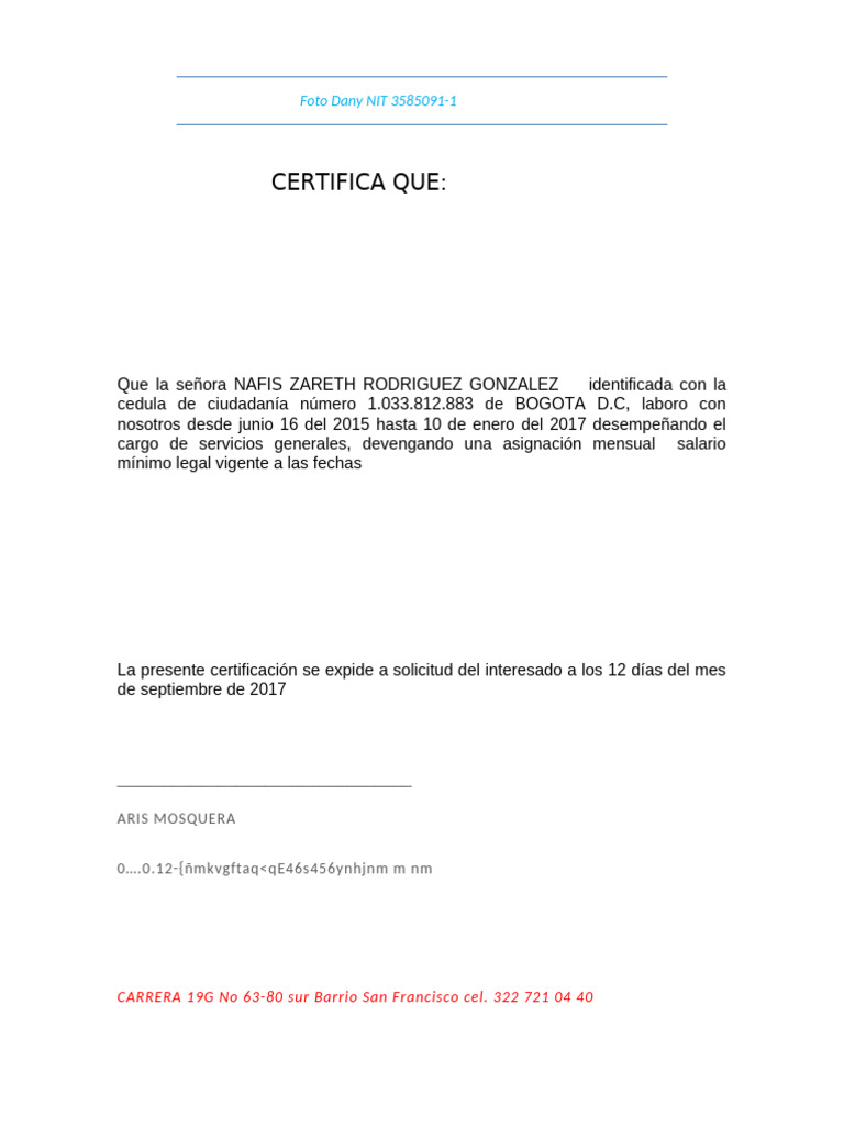 Certificación Laboral de Nafis Zareth Rodríguez | PDF