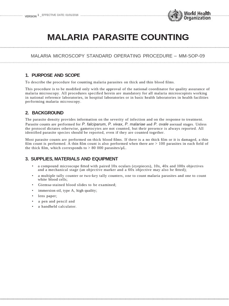 Malaria Parasite Counting SOP | PDF | Malaria | White Blood Cell