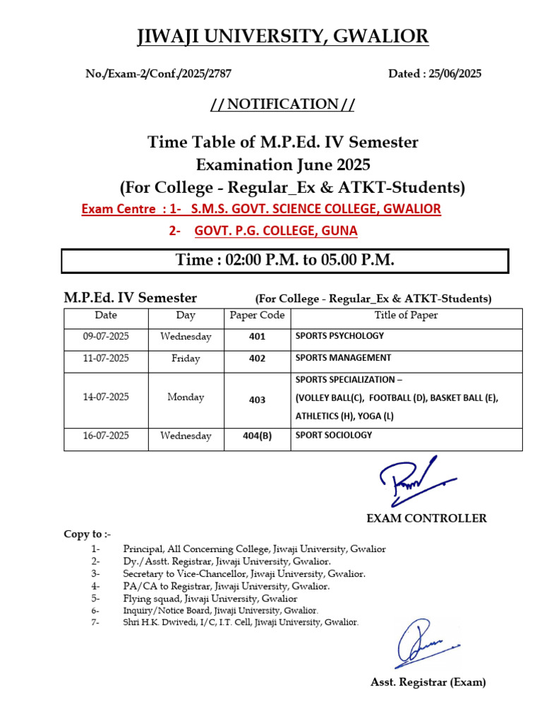 Time Table of M.P.ed - IV Semester For College Regular Ex ATKT Students ...