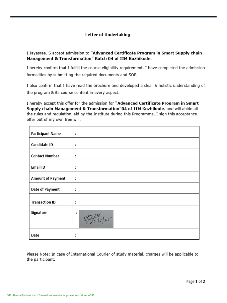 Self Undertaking Form JS IIMK | PDF